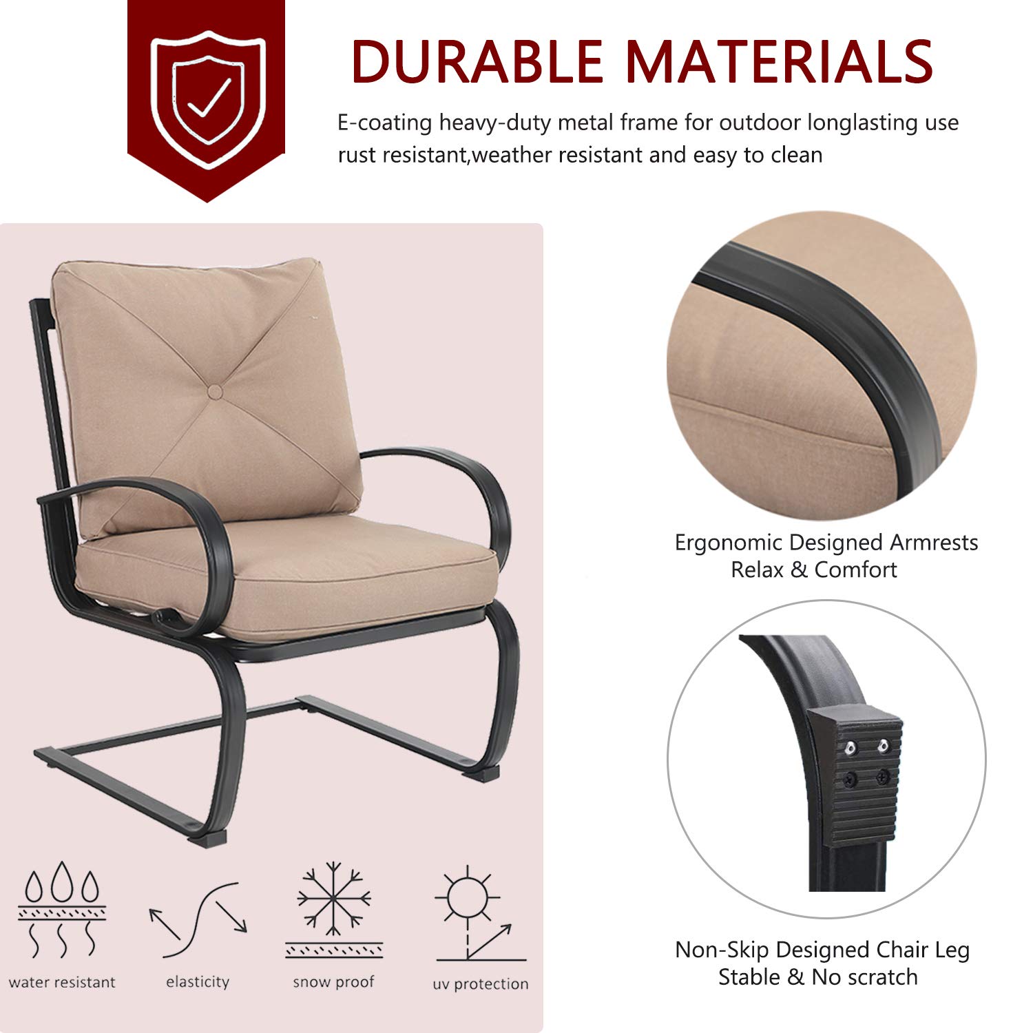 MFSTUDIO 2PCS Patio Bistro Dining Spring Motion Chairs Outdoor Furniture for Backyard, Garden with Removable Cushion Seat, Metal Frame, Beige