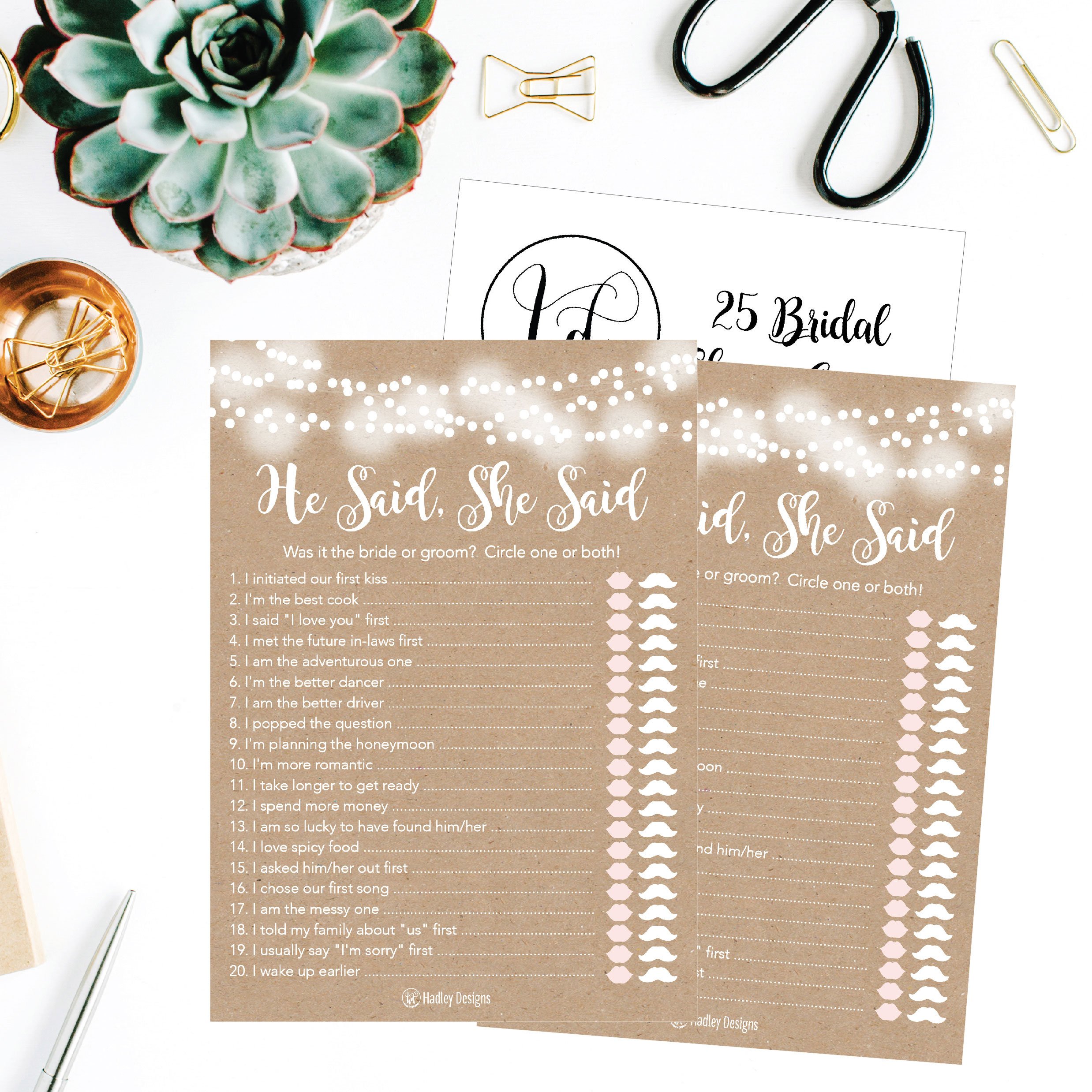 Hadley Designs 25 Rustic Wedding Bridal Shower Engagement Bachelorette Party Game, He Said She Said Cards for Couples, Funny Co Ed Trivia Rehearsal Dinner Guessing Question Fun Supplies Kit