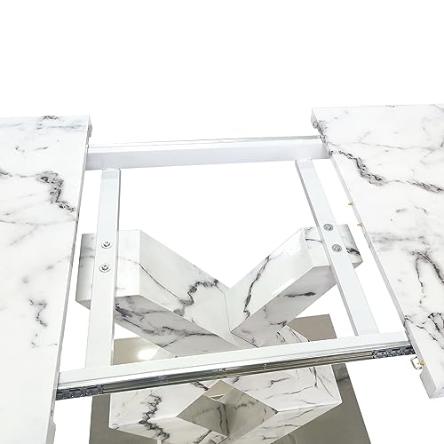 Modern Marble Top Dining Table, Extendable Marble Dining Table for 4-6, Expandable Dining Table with Faux Marble Top and Crossed Pedestal Base, Large Dining Table for Dining Room Kitchen (White)