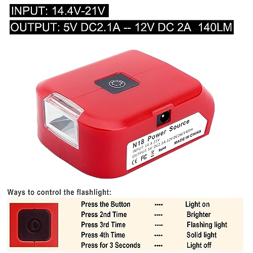 Dual USB Charger Adapter Replacement for Milwaukee M18 Power Source 49-24-2371 with LED Work Light, Compatible with Milwaukee M18 Battery 48-11-1850 48-11-1862 48-11-1820