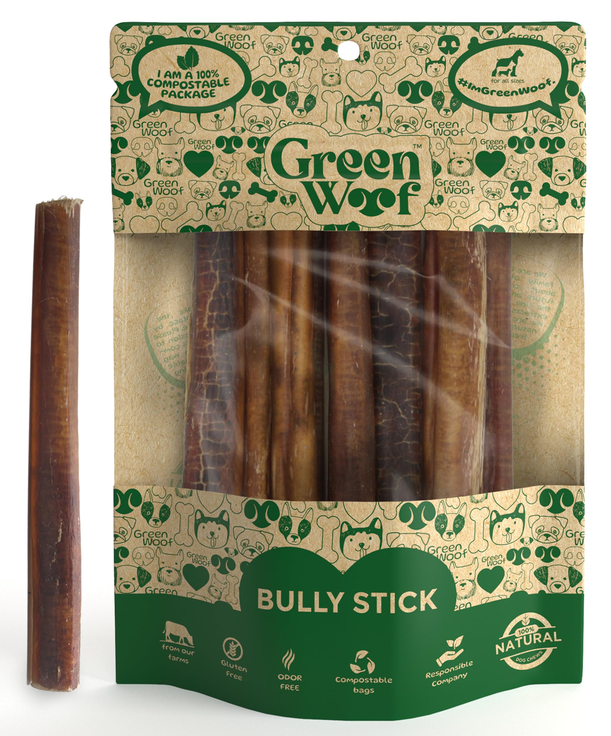 Green Woof, Bully Sticks (6 Inch), Easily Digestible 100% Pure Beef Treats, Pasture-Raised, Organic, Grain-Free, Durable and Long-Lasting Chews for Medium & Large Dogs (Medium, 10, Count)