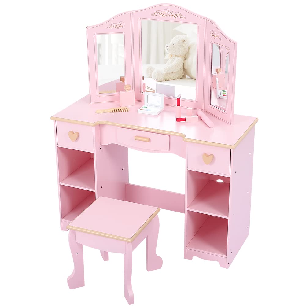 EGFheal Kids Vanity Set with Mirror and Drawer - Girls' Vanity Table and Chair Set with Wood Makeup Playset, Perfect for 3-9 Yr, Pink, PINK102PA