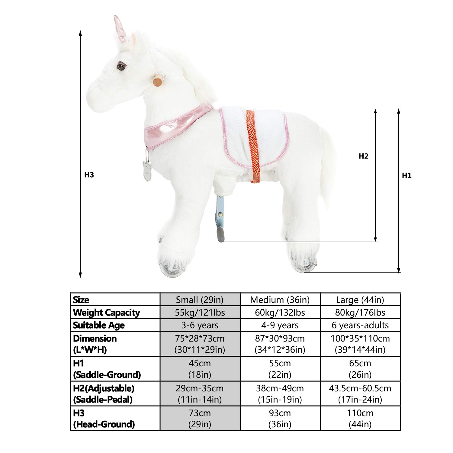 Ufree Small Unicorn Ride on Toy for 3 Years to 6 Years Old, Height 29 Inch Adjustable Pedal for Different Ages Walking Horse Mechanical Moving Horse