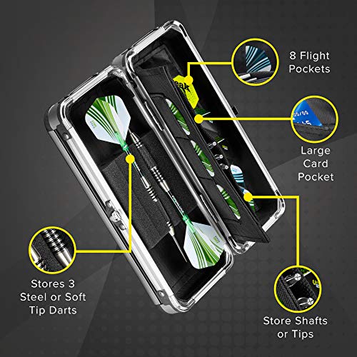 Casemaster Sole Aluminum Slim Profile Dart Case Holds 3 Steel Tip and Soft Tip Darts with Enough Space to Keep Flights in Shape, Features Built-In Pockets for Other Accessories,Black