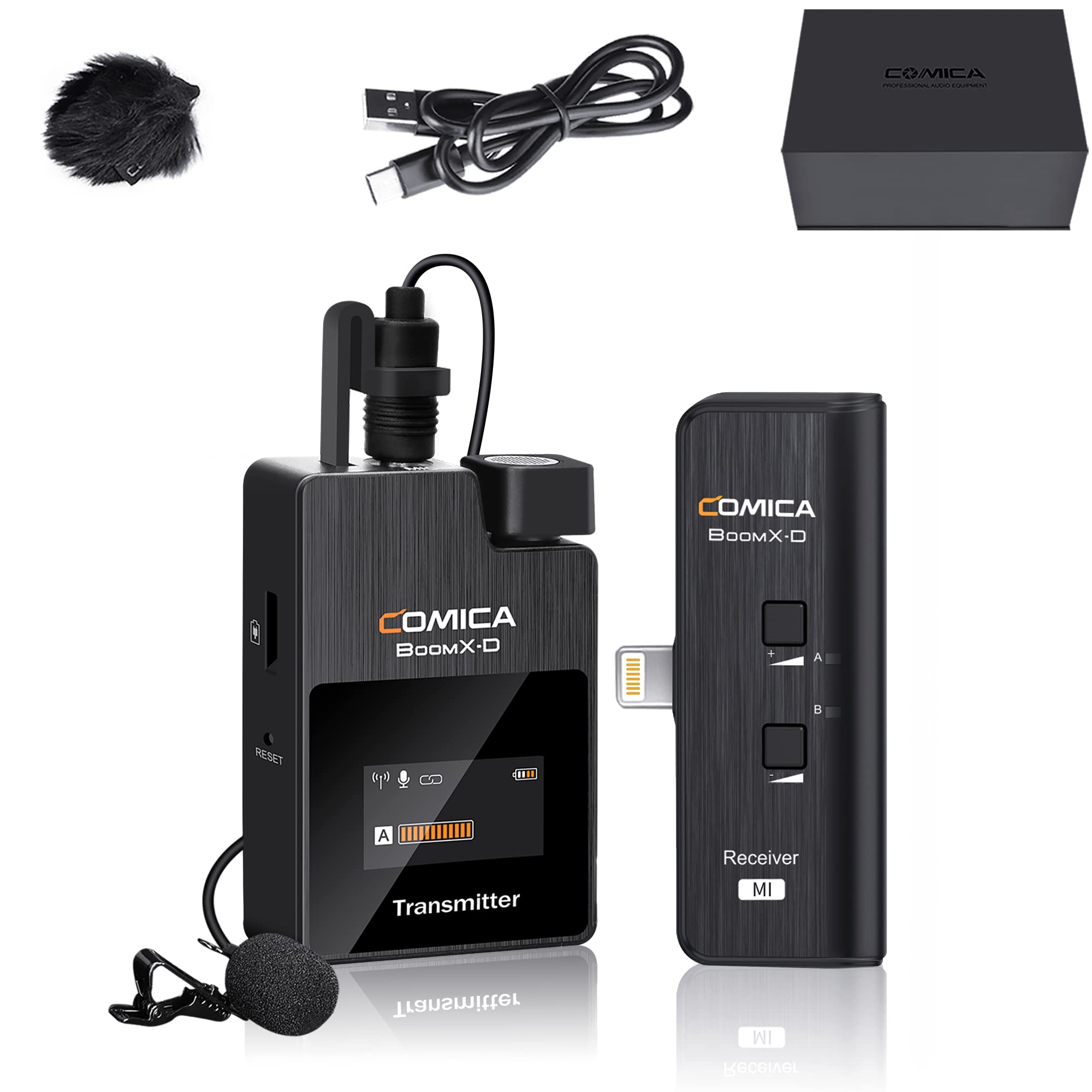 comica BoomX-DMI1 Wireless Lavalier Lapel Microphone for iPhone iPad, Plug & Play 2.4GHz Lapel Mic with Real-time Monitoring for TikTok YouTube Facebook Live Stream Vlogging Video Recording.