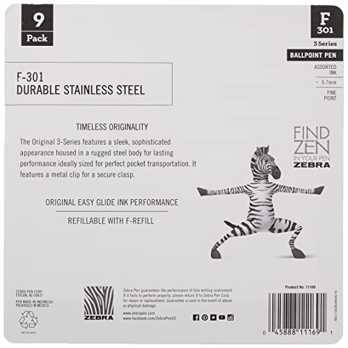 Zebra Pen F-301 Retractable Ballpoint Pen, Stainless Steel Barrel, Fine Point, 0.7mm, Assorted Ink, 9-Pack