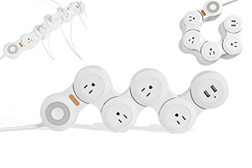Flexible Surge Protector Power Strip, 6 Feet Long Cord 4 Outlets 2 USB (10V/13amp Flat Plug) with Overload Protection Extension Cord,Suitable for Home Office Travel,White