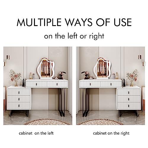 leejdn White Vanity Desk with 3-Color Touch Screen Lighted Mirror, 5 Drawers, Makeup Vanity Table Set with LightsDressing Table for Women Girls