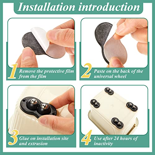 Mini Caster Wheels Appliance Wheels Self Adhesive Swivel Caster Wheels Stick on Stainless Steel Paste Small Appliance Casters Double Bead Universal Wheel for Furniture Box Mini Roller (Black,16 Pcs)