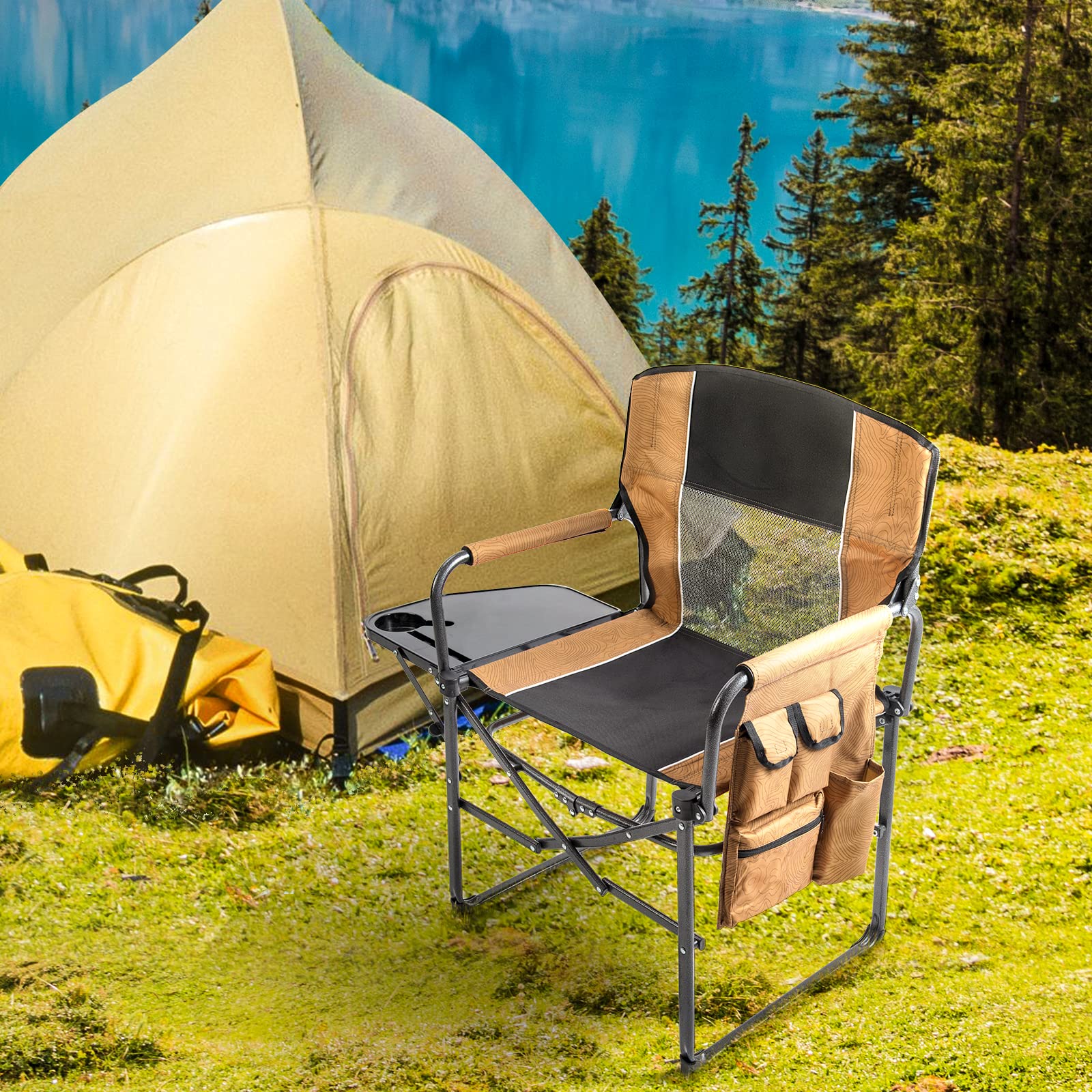 Coastrail Outdoor Directors Chair Extra Compact Folding Camping Chair with Large Side Table, Breathable Mesh Back, Cup & Phone Holder, Storage Pockets & Handle, Bonus Carry Bag,Khaki, X-Large
