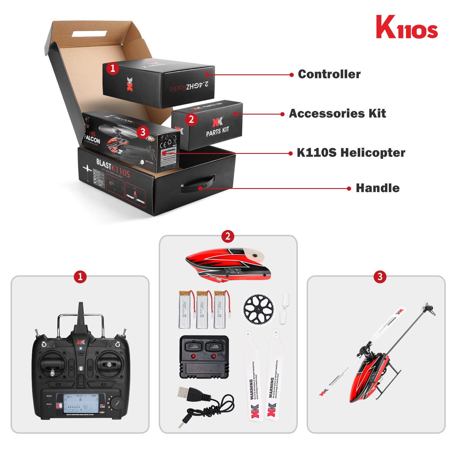 CKYSCHN Remote Control Helicopter, WLtoys K110S RC Helicopters with 3D/6G Mode Gyro for Adults, 6 Channel RC Aircraft with Brushless Motor, Mini Helicopter with 3 Batteries
