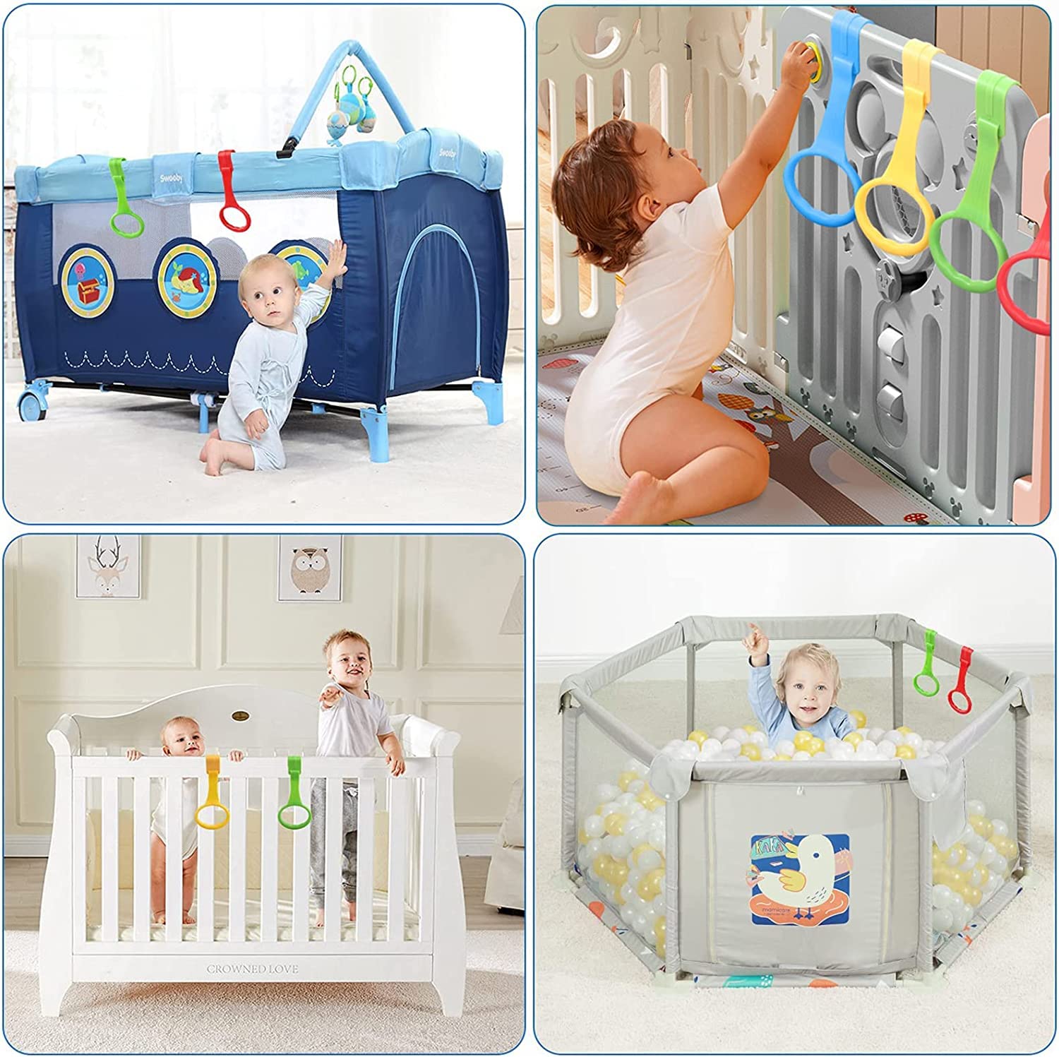 DJEDJEO 4 Pack Baby Toddler Crib Pull Ring Baby Bed Stand Up Rings Kids Walking Training Tool