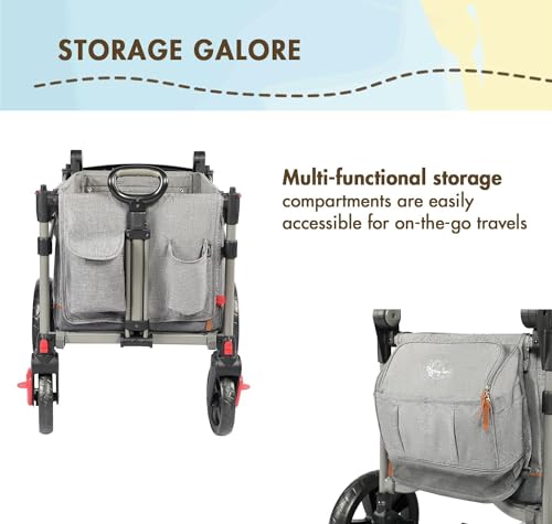 Busy Bee Foldable Wagon Stroller for 2 Kids, Push Pull Collapsible Kids Wagon with Adjustable Handle Bar, Removable Canopy, 5-Point Harness, Shock-Absorbing Wheels, Grey