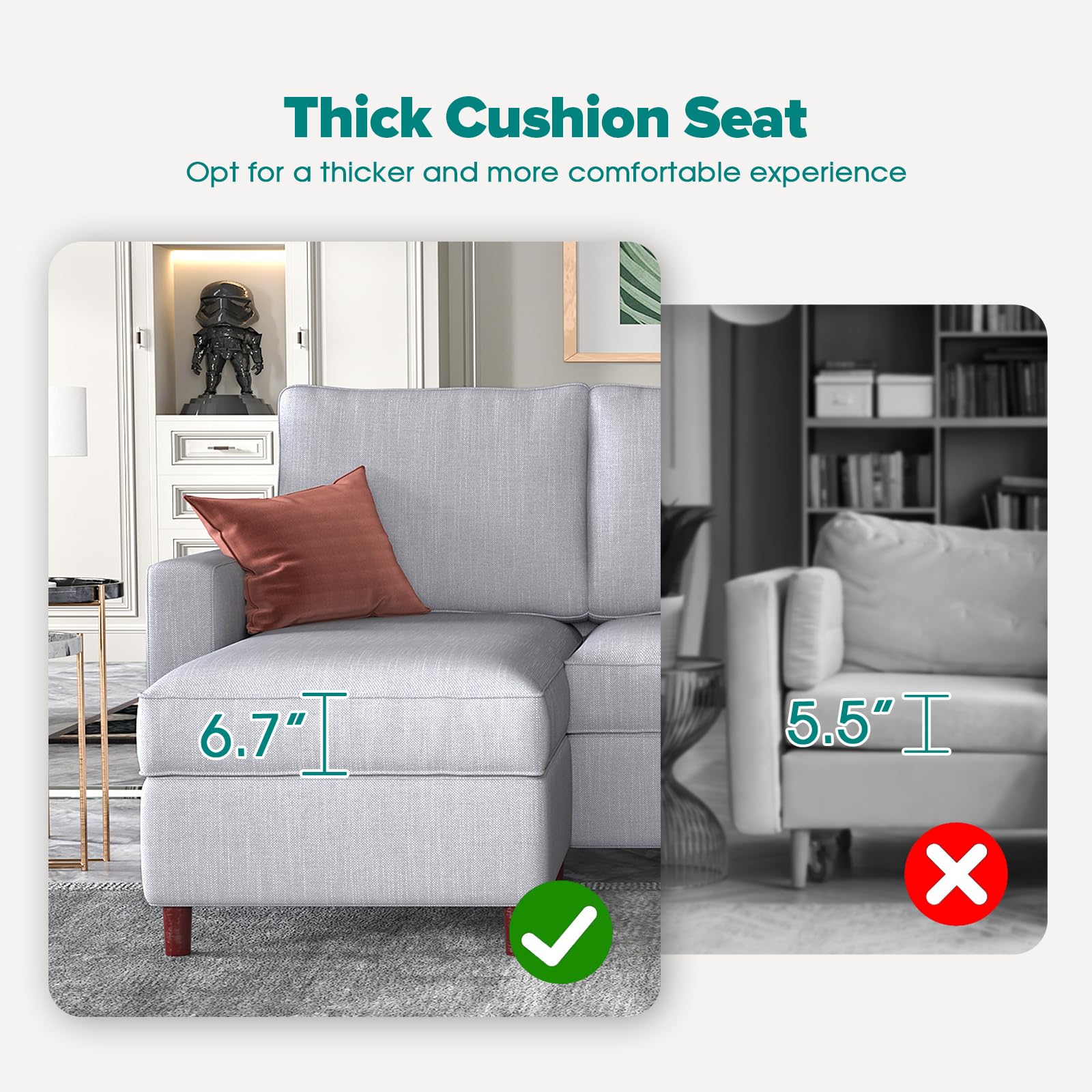 GinguoHome Convertible Sectional Sofa Couch, 3 Seat L-Shaped Sofa with Linen Fabric, Movable Ottoman Small Couch for Small Apartments, Living Room and Office (Grey)