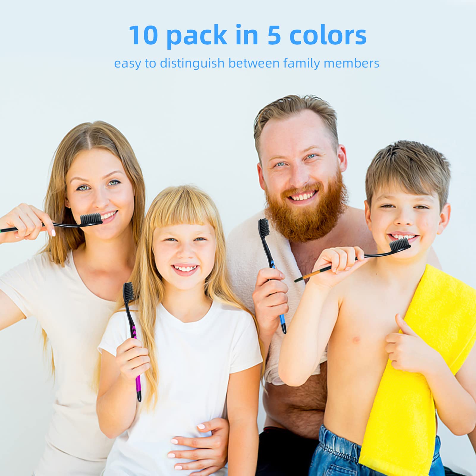 Egoguys Travel Toothbrush Activated Charcoal Bristle Adsorption Plaque Bacteria Keep Breath Fresh Slim Soft Bristles Deep Clean Tooth Prevent Bleeding Gums Teeth Whitening Brush (10 Pack in 5 Colors)