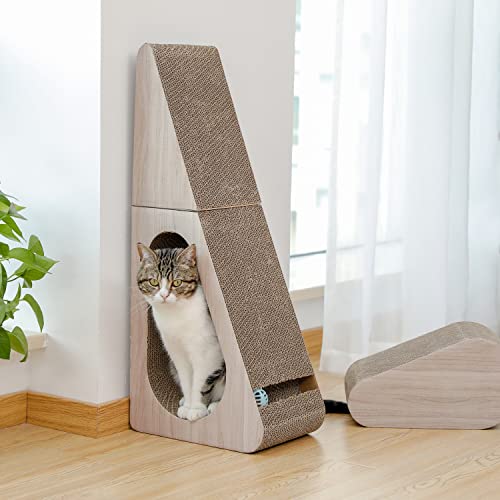 PAWZ Road Cat Scratching Post, 2 in 1 Large 28.3" Corrugated Cat Scratcher Three Sided Use Scratching Pad with Balls for Indoor Cats and Kittens