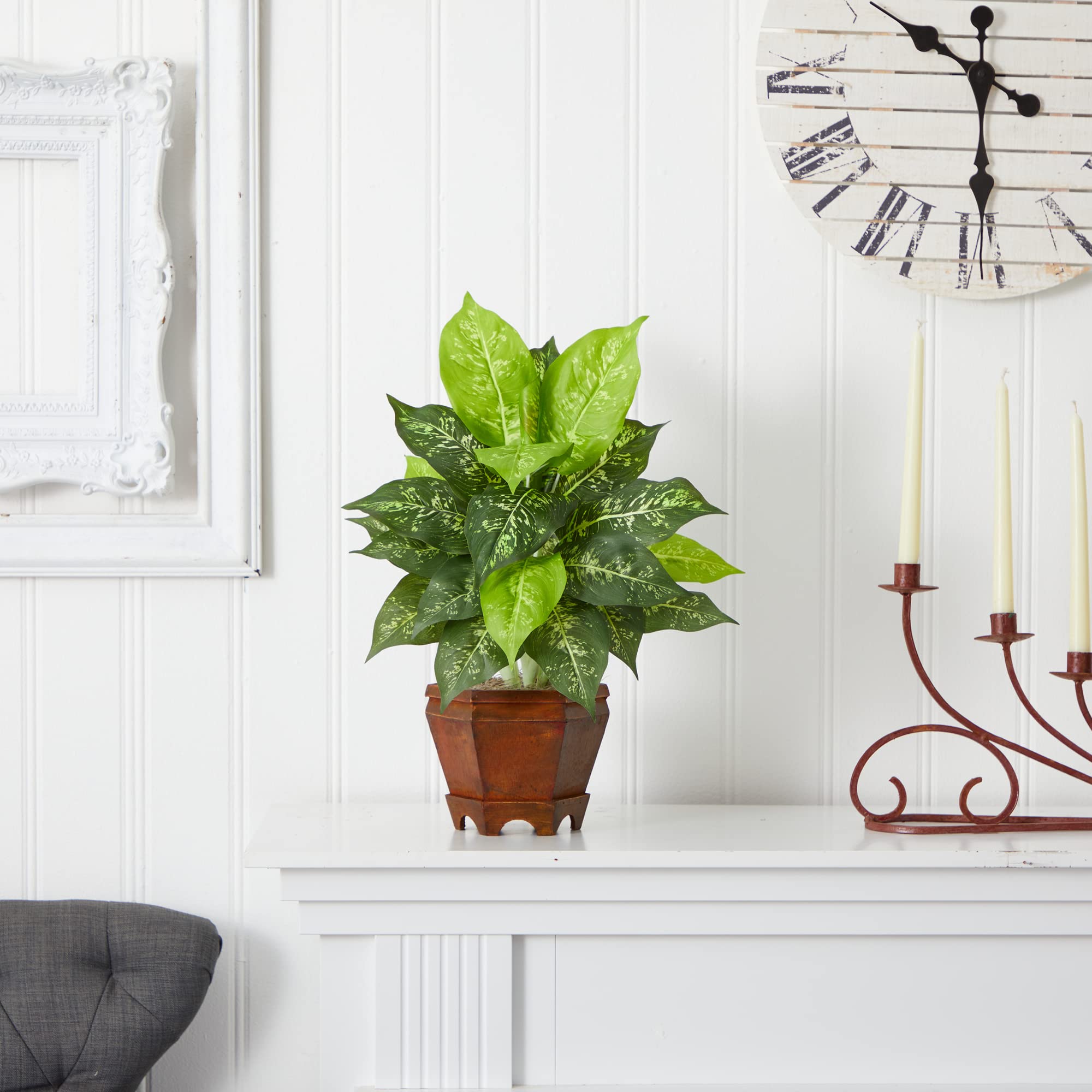 Nearly Natural Dieffenbachia with Wood Vase Silk Plant (Set of 2)