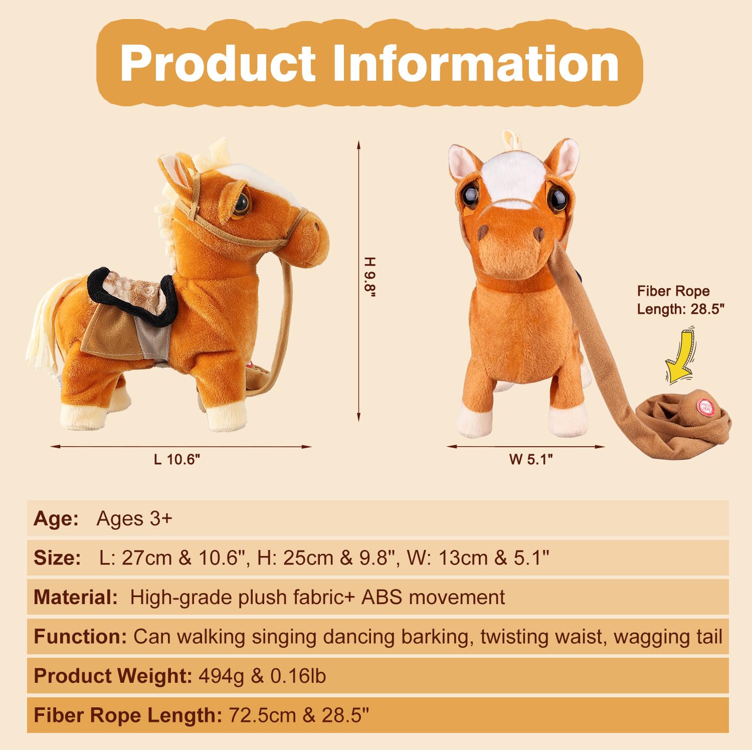 Walking Pony Toy Musical Singing Dancing Plush Interactive Pony Walk Along Horse with Leash Plush Stuffed Animal Shaking Head Buttocks Toy for Boy & Girl Kid Ages 3+ H: 11.81"
