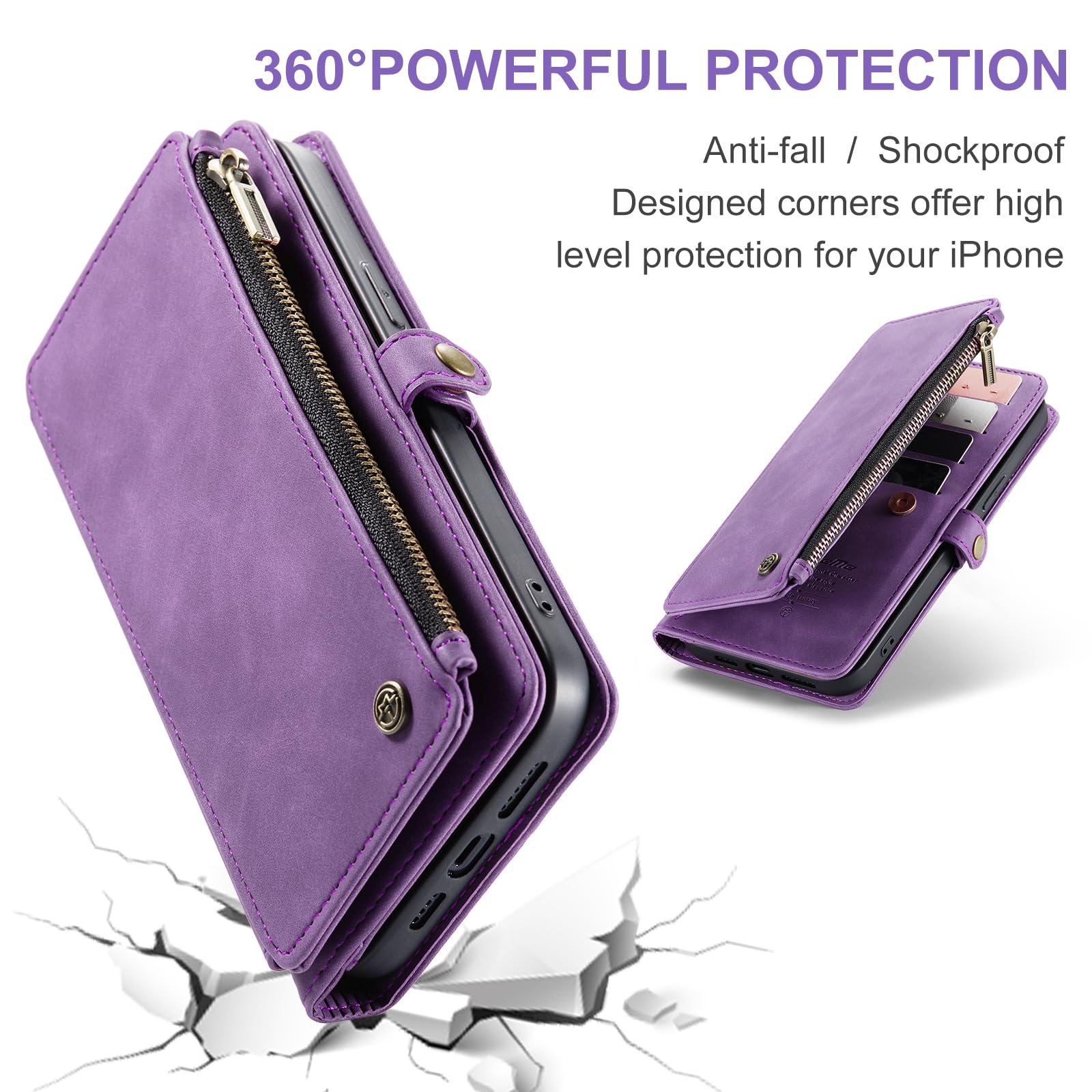 CaseMe Logo View for iPhone 13 Pro Max Magsafe Wallet Case Credit Card Holder,PU Leather Folio Flip Lanyard Strap Wristlet Zipper Wireless Charging Women Men for iPhone 13 Pro Max Phone case(Blue)