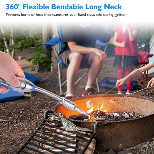 Butane Lighter Torch Long Lighter Refillable Jet Flame Windproof Lighter with Visual Fuel Window Flexible Lighter for Fireplace Grill BBQ Camping Kitchen, Blue (No Butane Included)