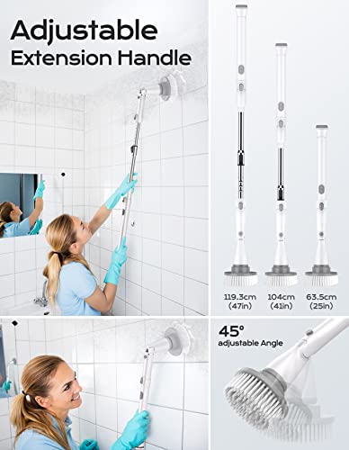 Eletalker Electric Spin Scrubber, 𝟮𝟬𝟮𝟰 𝗡𝗲𝘄 Cordless Cleaning Brush with 2 Adjustable Speeds, Extension Arm and 4 Replaceable Head, Shower Scrubber for Bathtub Tile Sink Bathroom Kitchen Grout
