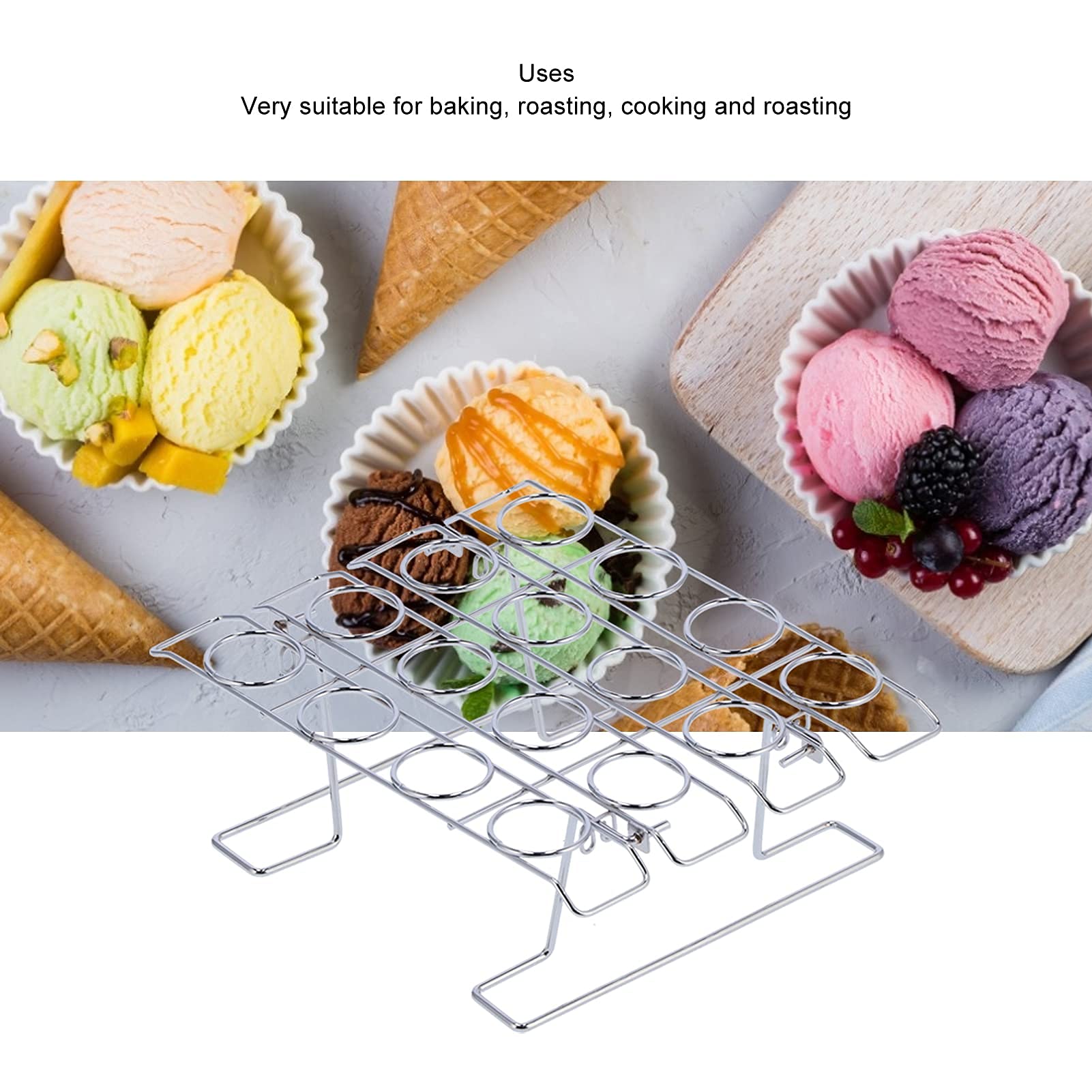 Cupcake Cone Baking Rack, Ice Cream Cone Baking Rack 16 Cavity Stainless Steel Ice Cream Cone Holder Stand Metal Waffle Cones Holder Foldable Cake Decorating Pastry Tray for Baking, Cooling, Display