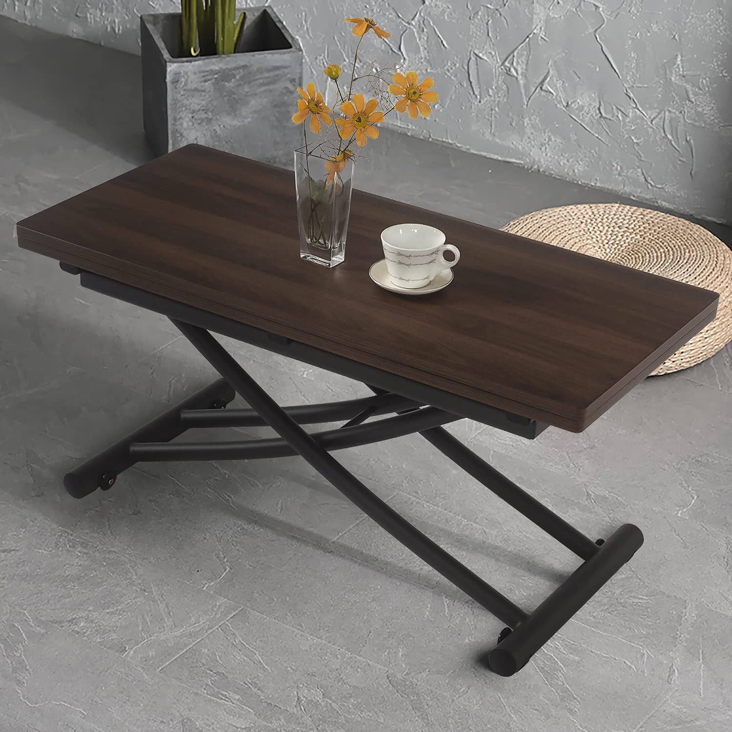 MYSELFLY Living Room Dinning Tables Folding Metal Lift Bracket Multifunction Transform Dinner Kitchen Coffee Tea End Table in Home Wood Desktop Design 40x35 Walnut