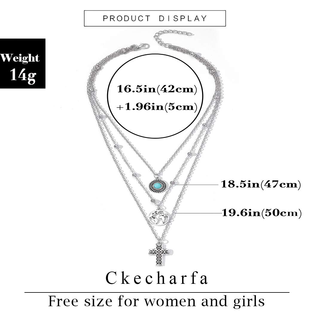 Ckecharfa Layered Turquoise Necklace Silver Cross Necklaces Adjustable Chain Jewelry for Women(A-Silver)