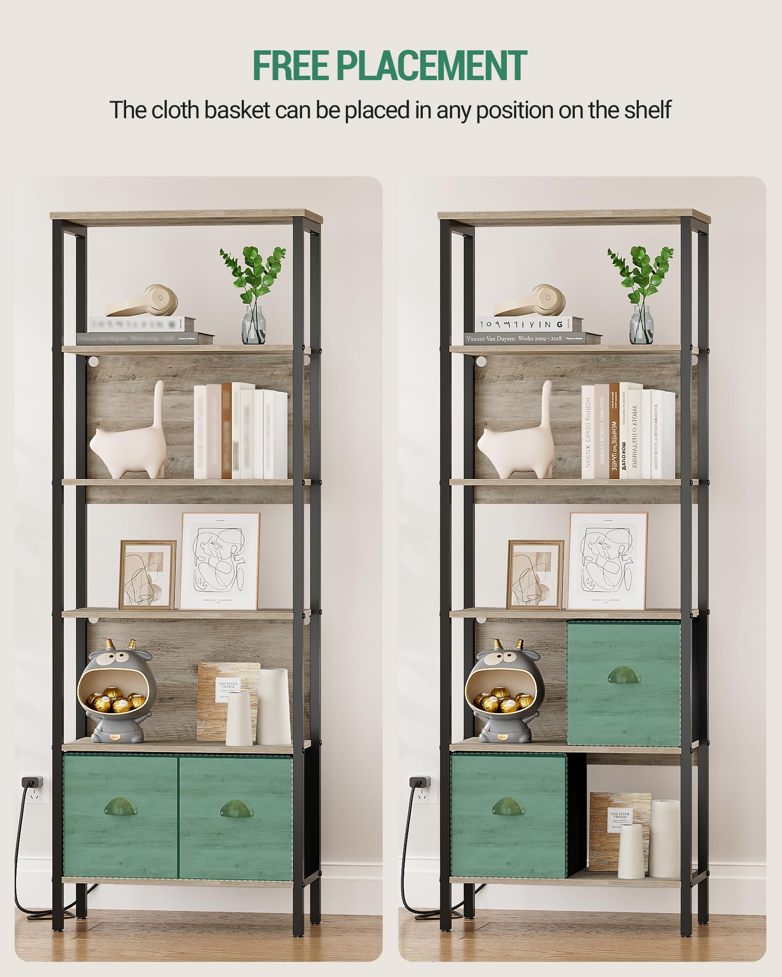 Hzuaneri 6 Tier LED Bookshelf with 2 Storage Drawers, Dimmable Display Bookcase, Storage Shelf with Metal Frame, Coner Shelf for Home Office, Living Room, Bedroom, Rustic Brown and Black BC23701B