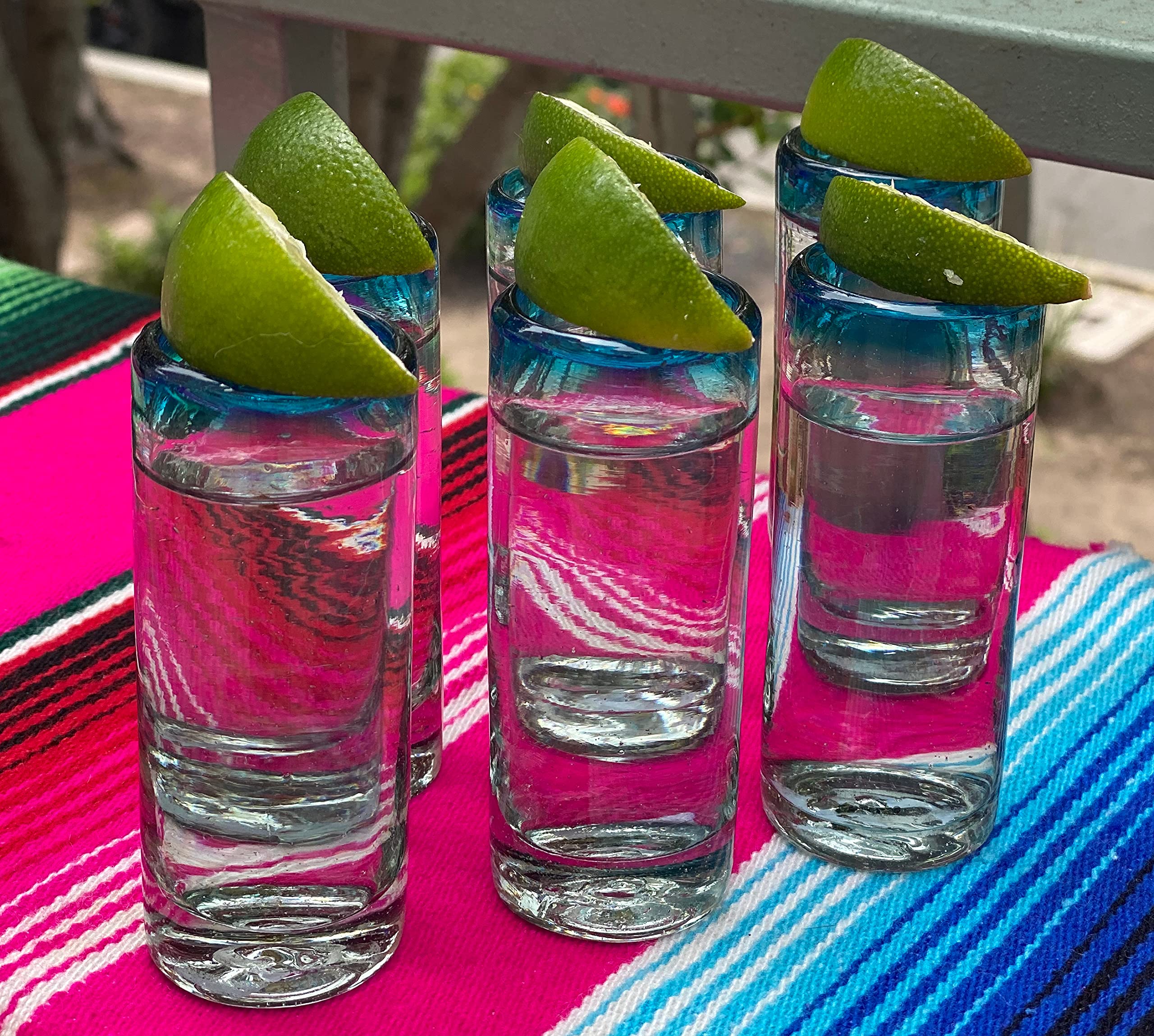 Dos Sueños Hand Blown Mexican Tequila Shot Glasses – Set of 6 Aqua Rim Tequila Shot Glasses (2 oz each) …