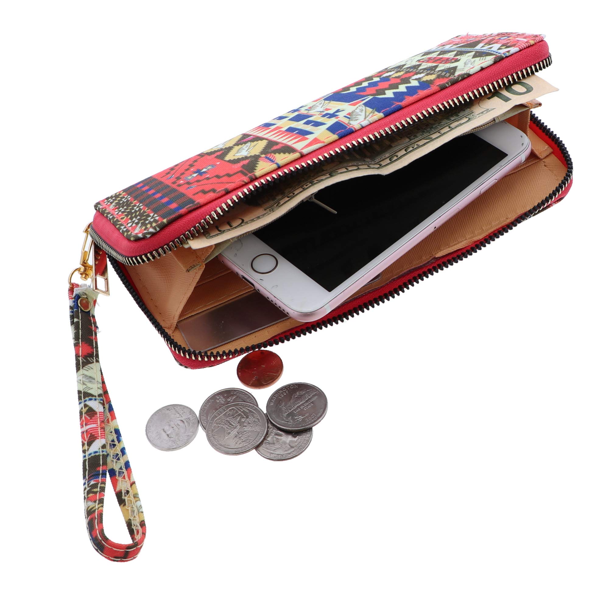Wallet with Aztec Fabric Tribal Print Long Wallet Clutch - Coral Blue
