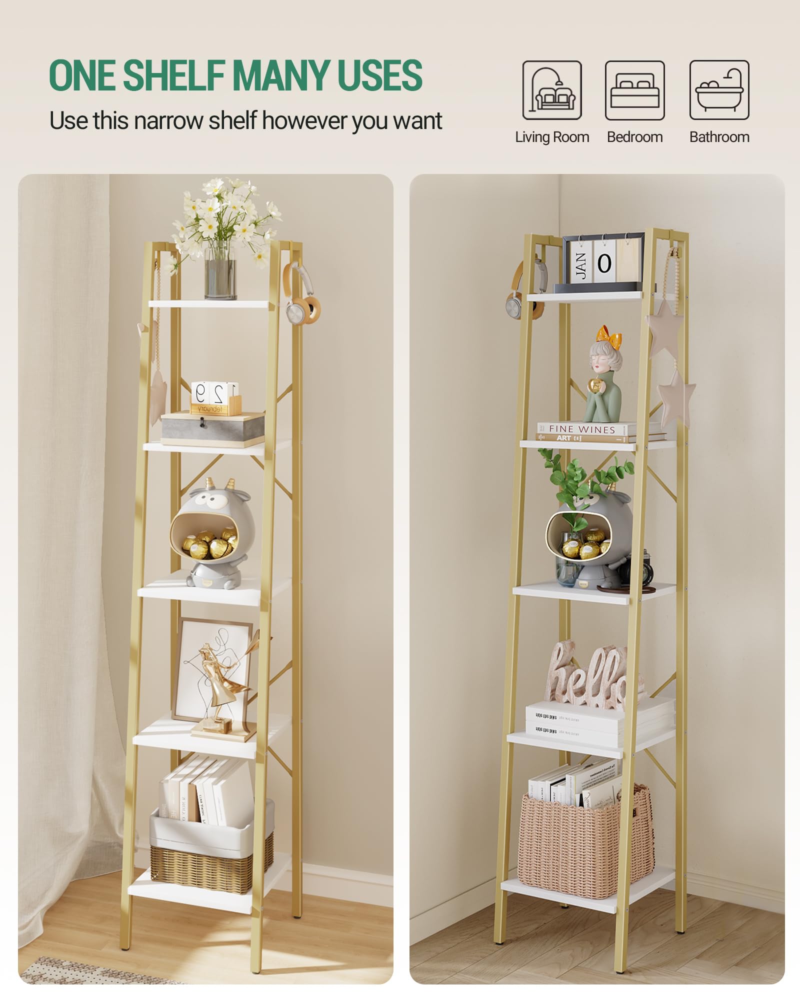 Hzuaneri Ladder Shelf, Bookshelf Bookcase, Freestanding Corner Storage Shelve with 2 Hooks for Home Office, Living Room, Kitchen, Bedroom, Industrial, 5-Tier White Gold BC03213G