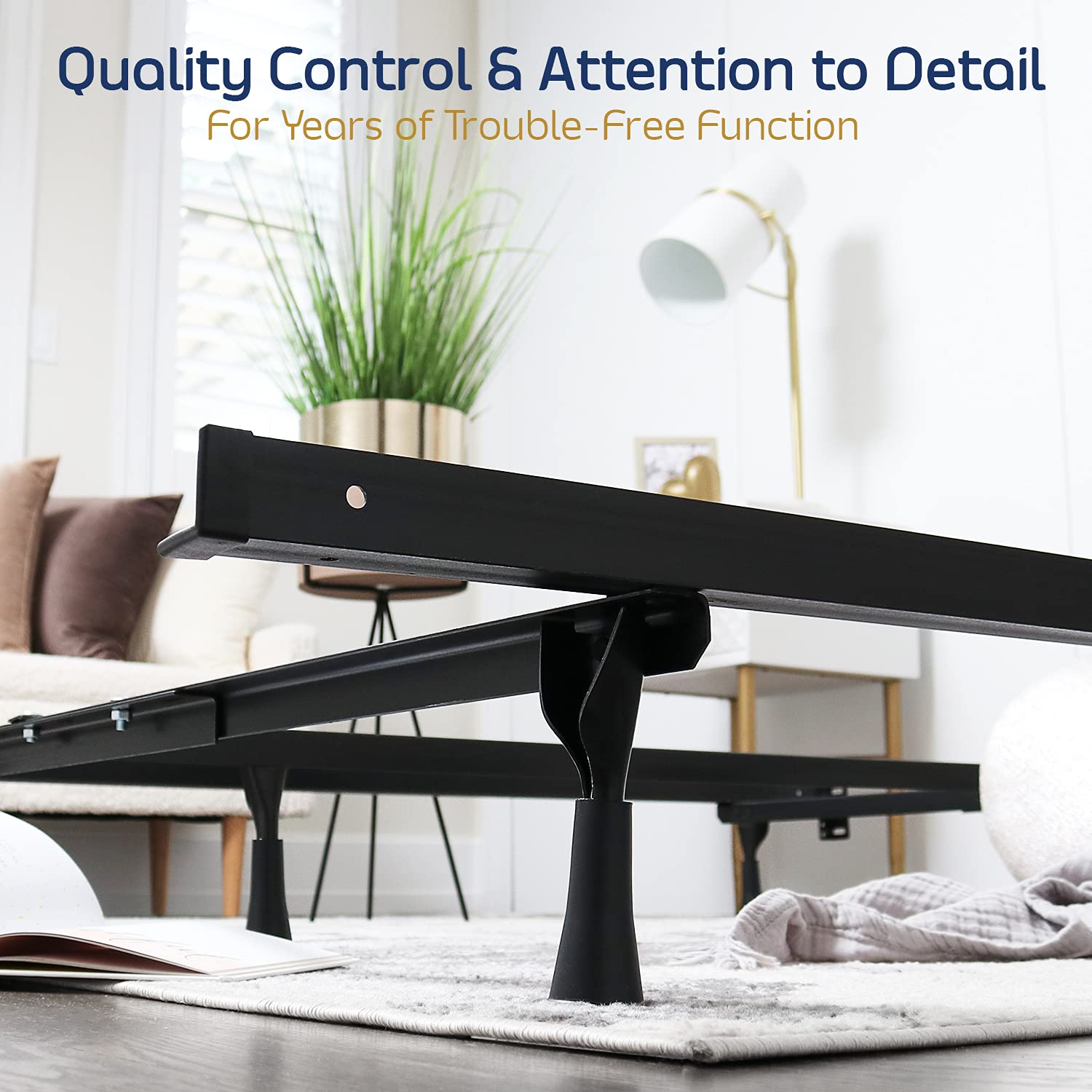 Clara Clark Adjustable Bed Rails - Metal Adjustable Bed Frame with Bed Center Support Leg - 5.25โ H Low Bed Frame - Expands from Twin Size Bed Frame to Full Bed Frame, Metal Queen Bed Frame, Black