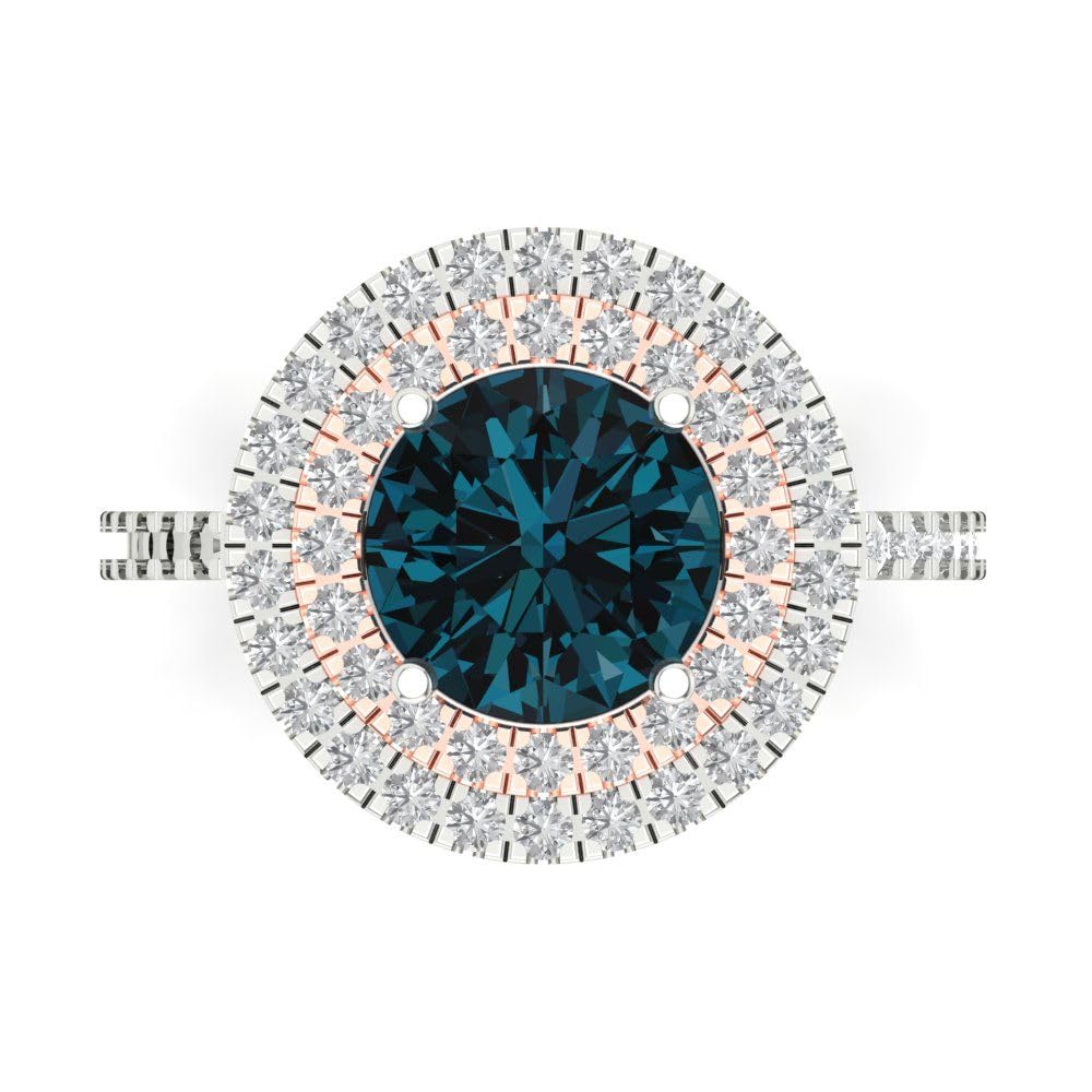 Clara Pucci 2.77ct Round Cut Halo Solitaire Royal Blue Topaz Designer Wedding Bridal art deco Anniversary Ring 14k 2 tone Gold 7.25