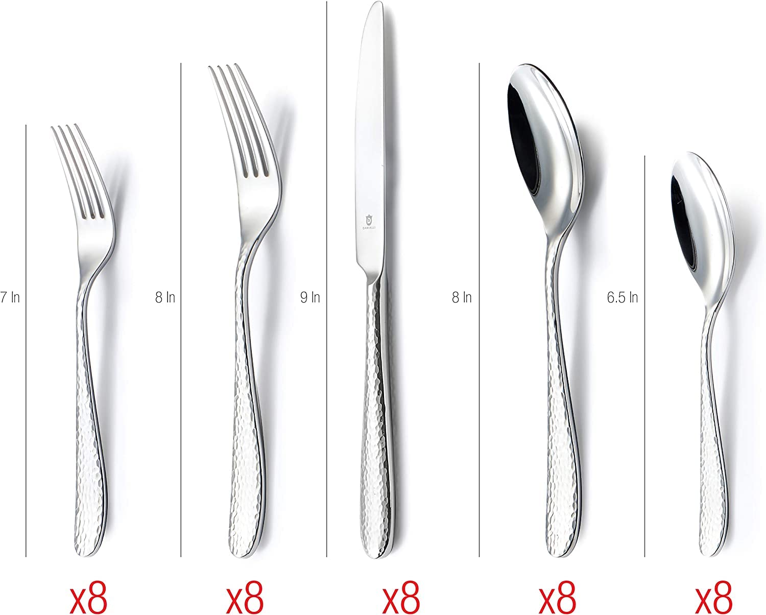 DANIALLI 45 Piece Silverware Set For 8, Includes 5-Piece Hostess Serving Utensil Set, 18 10 Stainless Steel Silverware Set, Modern Fidenza Hammered Flatware Set,Mirror-Polished Dishwasher Safe Cutlery