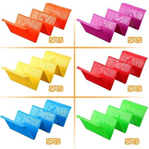 Nuogo 30 Pcs Colorful Disposable Taco Holder For Party Plastic Bulk Taco Stand Large Taco Tray Plates Hold 2 or 3 Tacos Each Rack Server for Party Dishwasher Microwave Safe