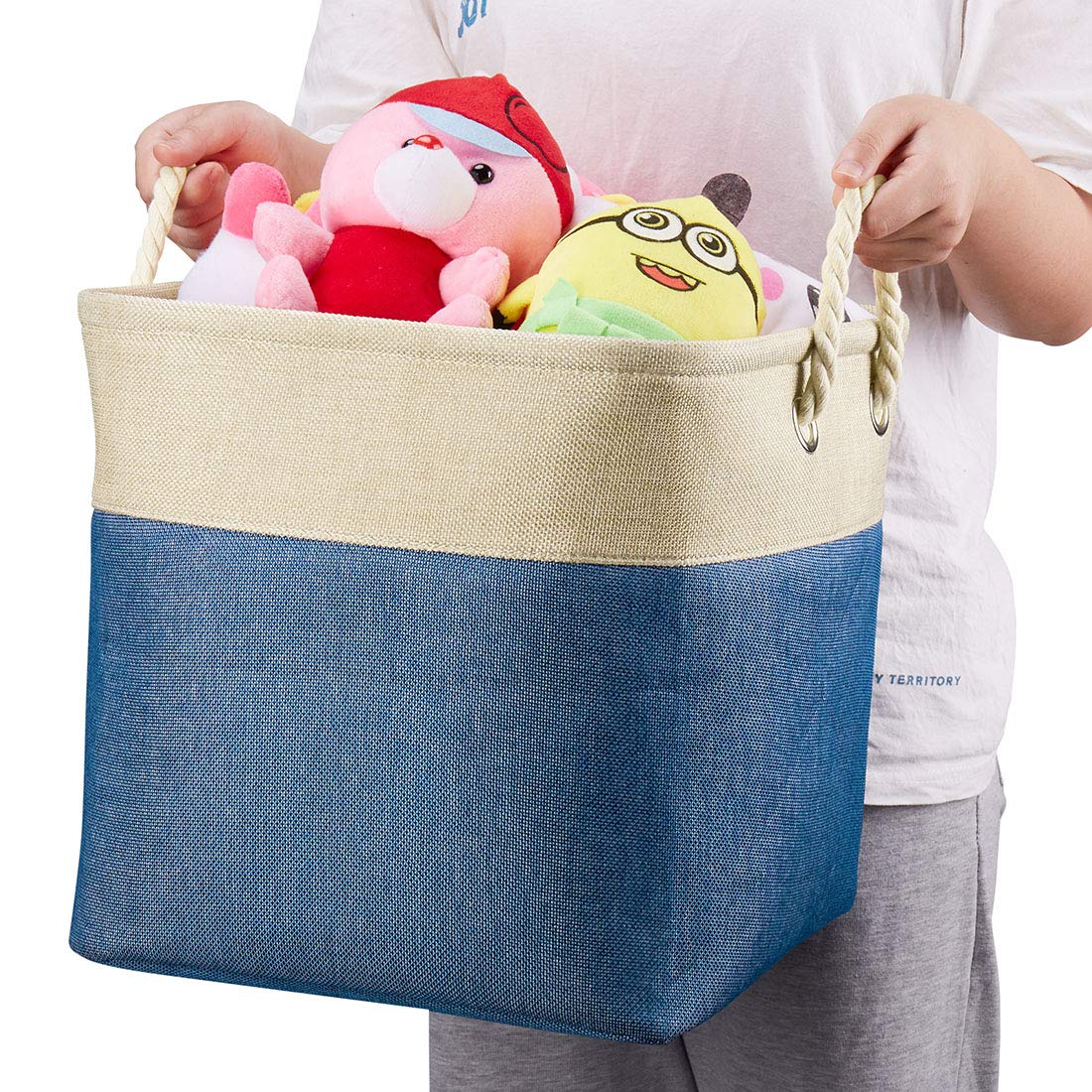 i BKGOO 3Pack Large Foldable Storage Bins,Collapsible Sturdy Cationic Fabric Organizing Storage Basket Cube with Cotton Handles for Home Office Shelf Clothes Toys Khaki-Blue 13×13×13 inch