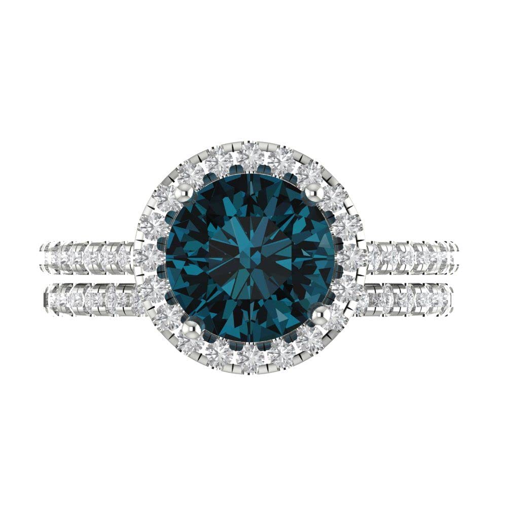 Clara Pucci 2.82ct Round Cut Halo Solitaire Real London Blue Topaz Designer Art Deco Statement Wedding Ring Band Set 18K White Gold 6.5