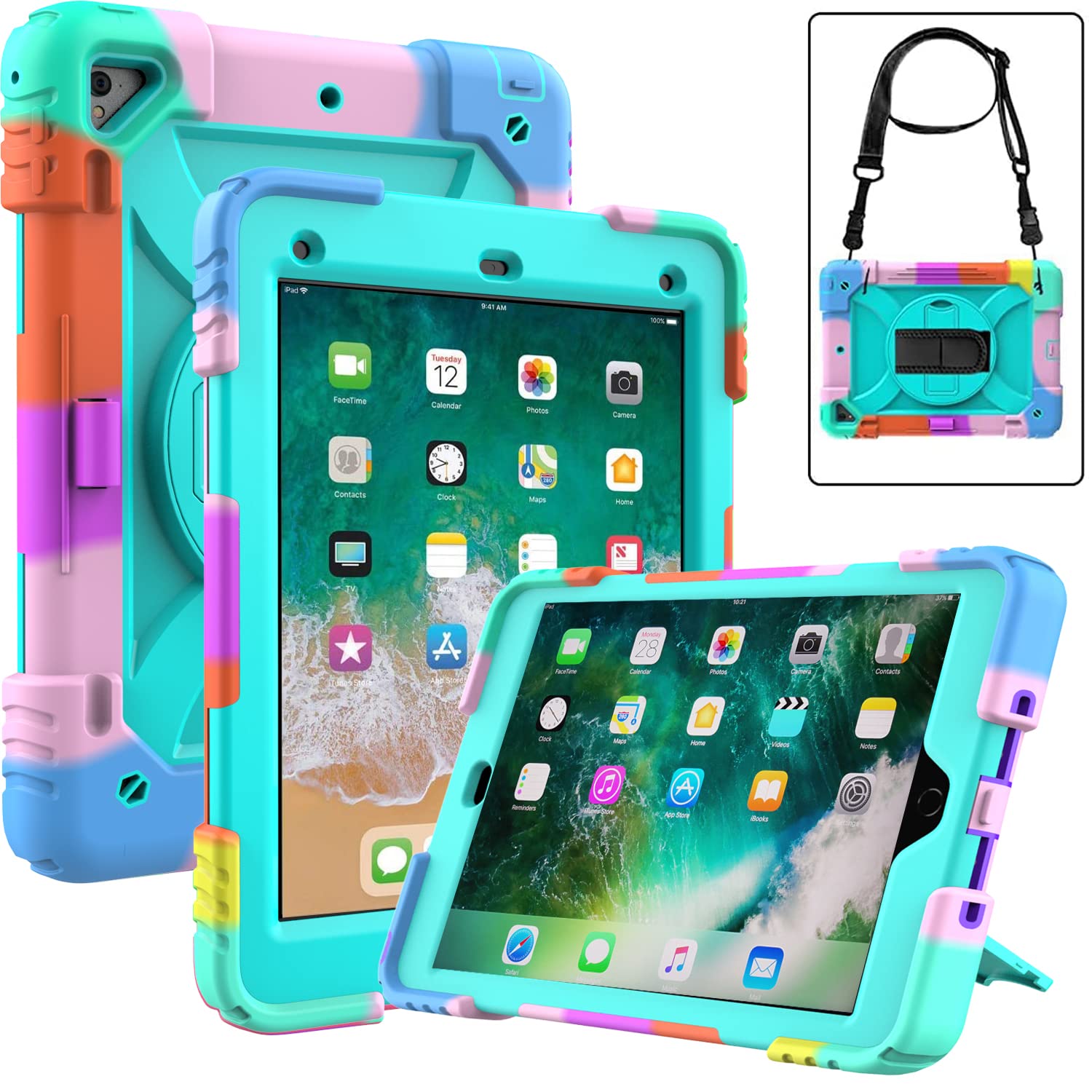 eTopxizu Rugged Case for iPad 9.7 Inch 2018/2017, 3 Layer Hybrid Shockproof [360 Rotating Stand] [Hand Strap] [Pencil Holder] Kids Case, iPad 6th Generation Case, iPad 5th Generation Case, Turquoise