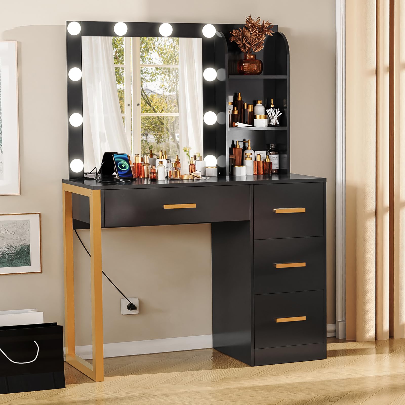 FIONESO Makeup Vanity Desk with Mirror & Lights, Vanity Desk with 4 Drawers & Charging Station, Dressing Vanity Table with Open Storage Shelves, 3 Color Modes, Vanity Table for Bedroom, White
