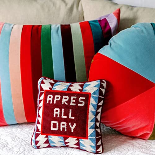 FURBISH Handmade Needlepoint Decorative Throw Pillow - Apres All Day - 10" x 10" - Small Embroidered Accent Pillow for Bed, Chair, Couch, Sofa - Aesthetic Apres Ski House Decor