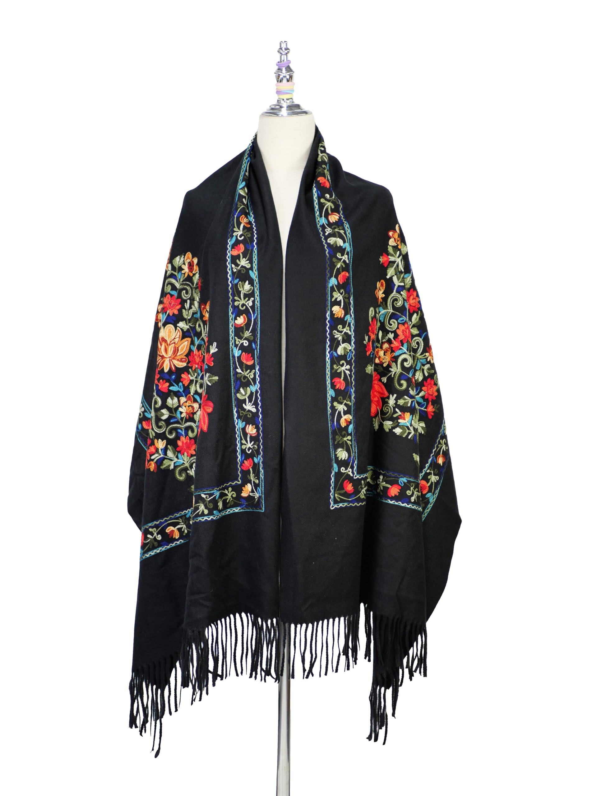DOFOTAWN Women’s Embroidered Oversize Tassel Pashmina Shawl Scarf Gift for Women (black)