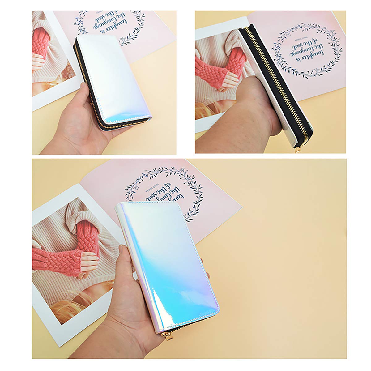 Premium Holographic Smooth Vegan Leather Continental Zip Around Wallet, V1
