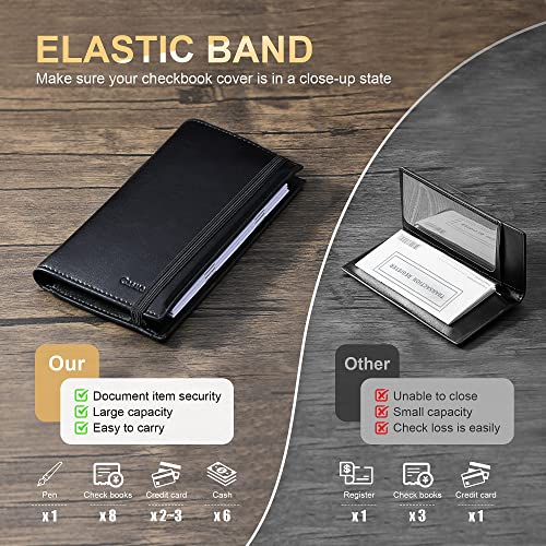 CASMONAL Checkbook Covers for Personal Checkbook Holder RFID Premium Leather Checkbook Cover for Duplicate Checks(Black)