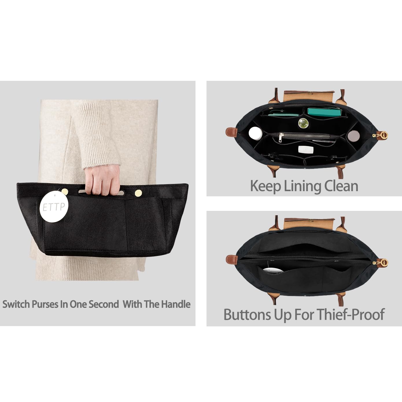 ETTP Purse Organizer Insert for le pliage Tote,Handbag Organizer Compatible with le pliage Shoulder Bag Large/Small,LE PLIAGE Top Handle Small/Medium (Black, Large)