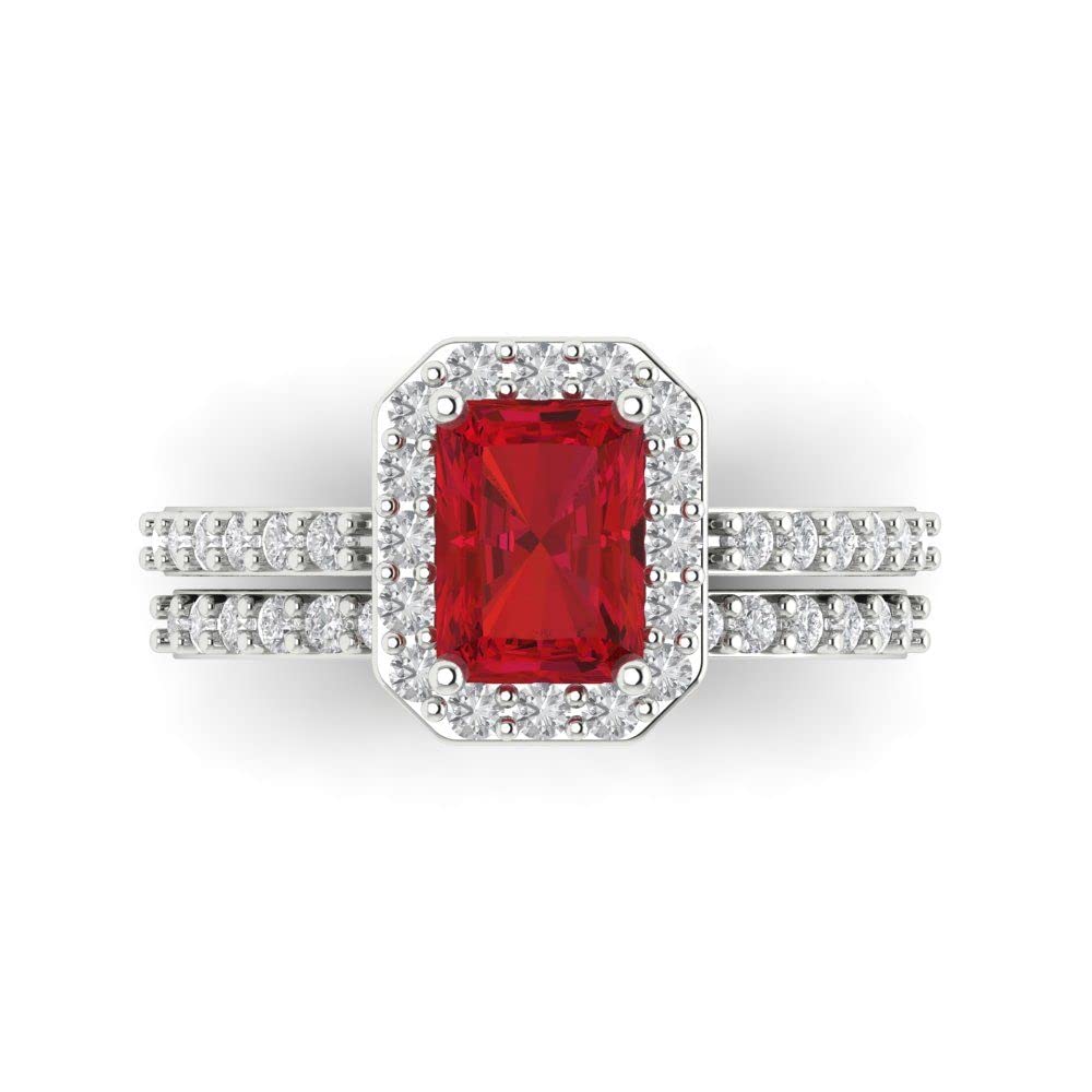 Clara Pucci 2.20ct Emerald Cut Halo Solitaire Simulated Ruby Engagement Promise Anniversary Bridal Ring Band set 18K White Gold 6.5