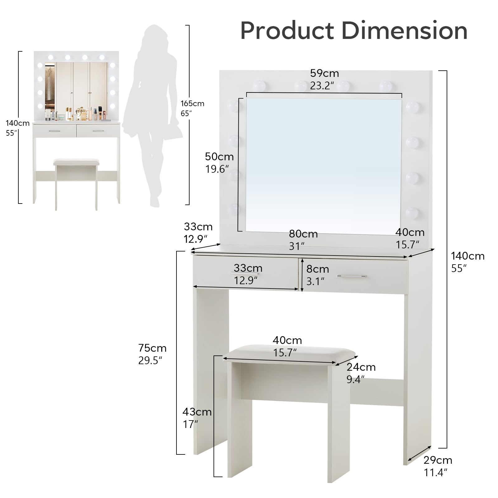 CLIPOP Modern Makeup Table with Mirror and Chair, Dressing Table with Light, 2 Drawers, Bedroom Dressing Table with 12 LED Lights and 3 Colors Lighting, Vanity Stool for Women, Girl’s Room (White)