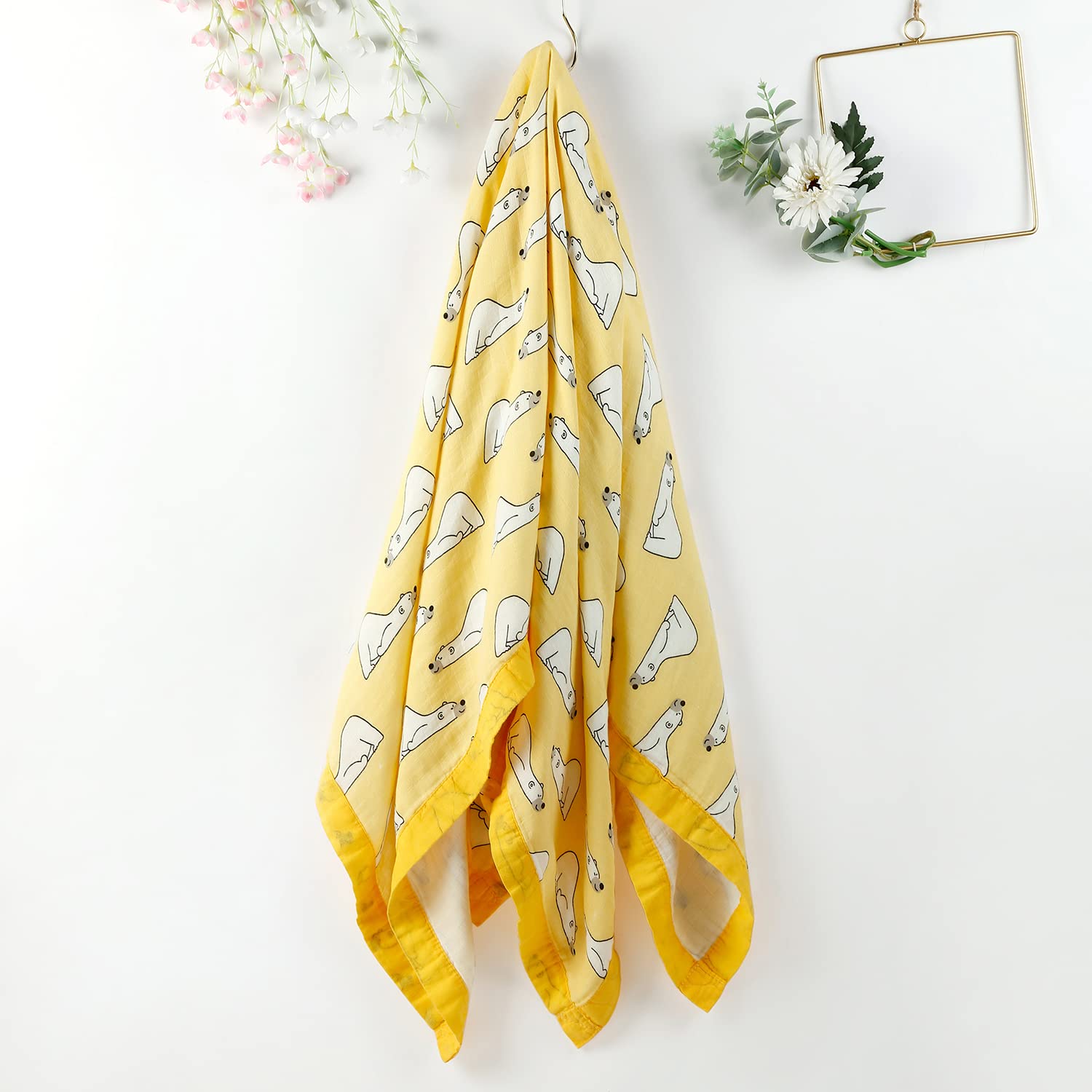 Muslin Soft Swaddle Blanket Quilt, Baby Blankets for Boy Girl Toddler Daycare, 4 Layers Swaddle Wrap, Size 43X45inchs (Bear Yellow)