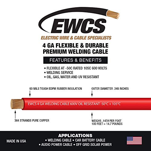 EWCS 4 Gauge Premium Extra Flexible Welding Cable 600 Volt - RED - 25 FEET - EWCS Branded - Made in The USA!