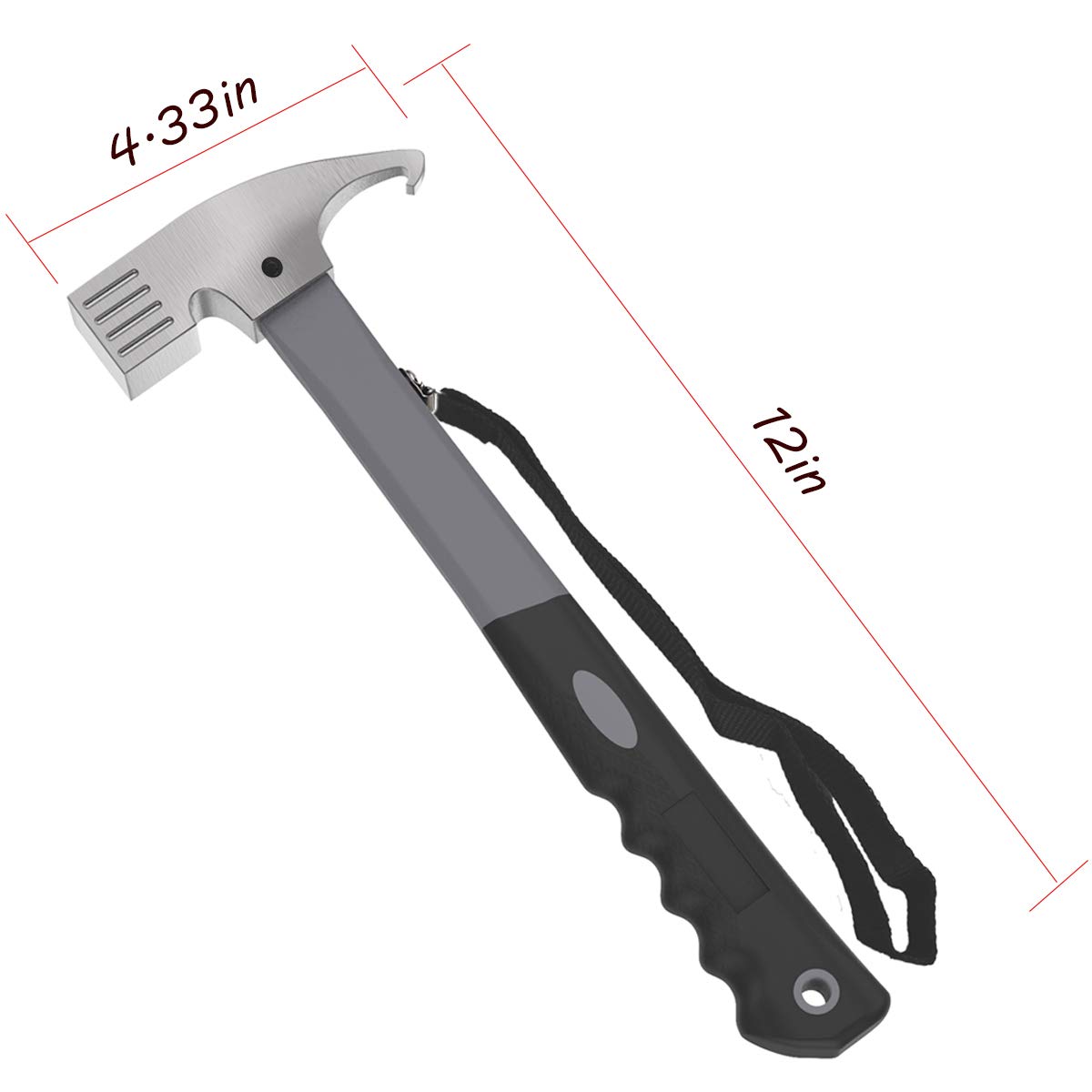 Camping Hammer Heavy Duty with Tent Stake Remover, 12.6" Steel Tent Hammer - Rubber Covered Handle Tent Mallet with Holding Strap (Black)